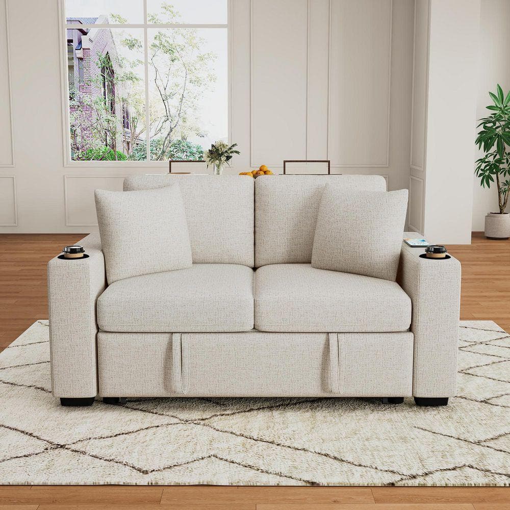 Nestfair 60.6 in. Beige Chenille Fabric Full Size Pull-out Sofa Bed ...