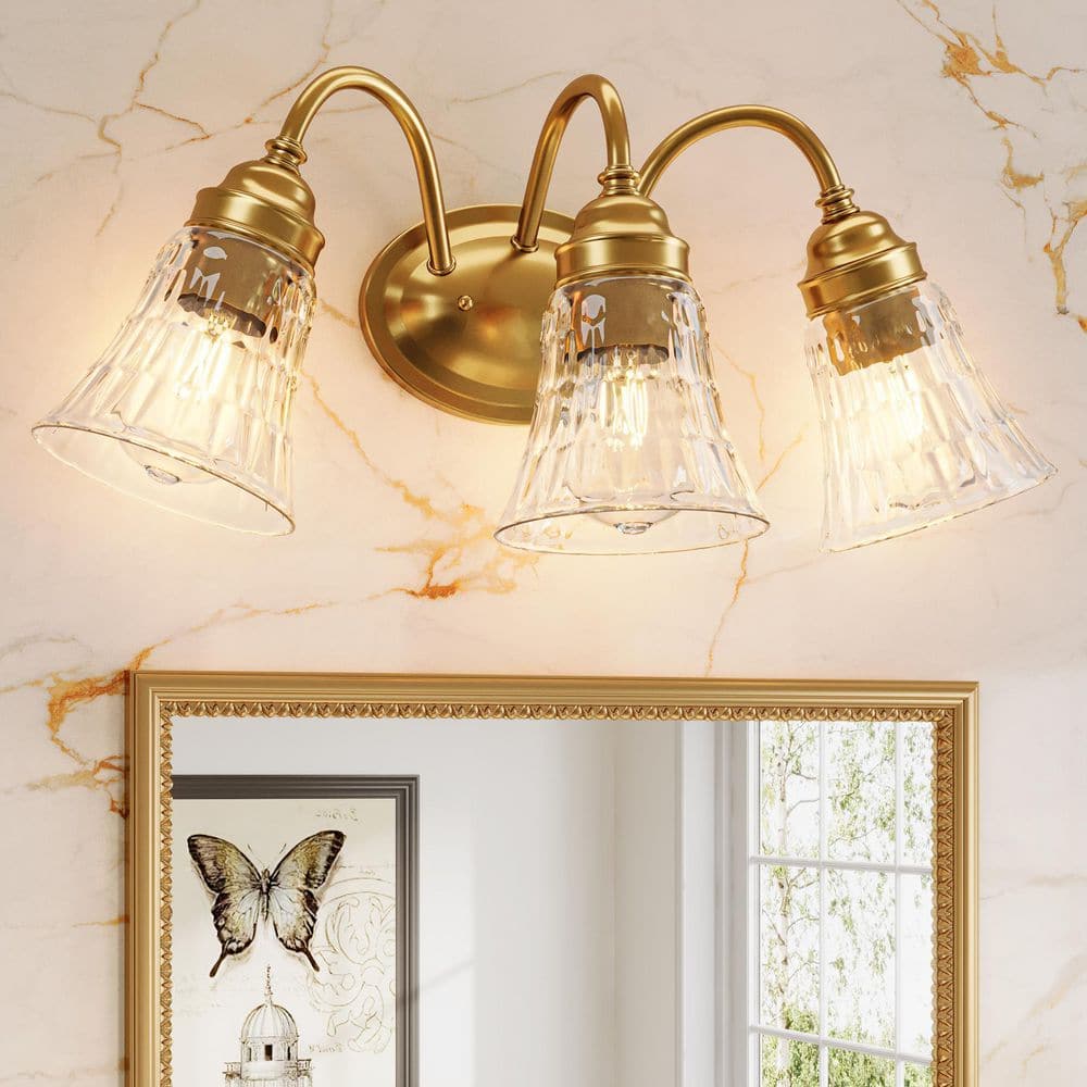 BYBLIGHT 19.4 in. 3-Light Brushed Gold Bathroom Vanity Light with Clear ...