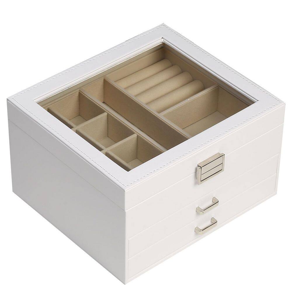 White 3-Layers Rectangular Clear Lid Jewelry Box with 2-Drawers Jewelry ...
