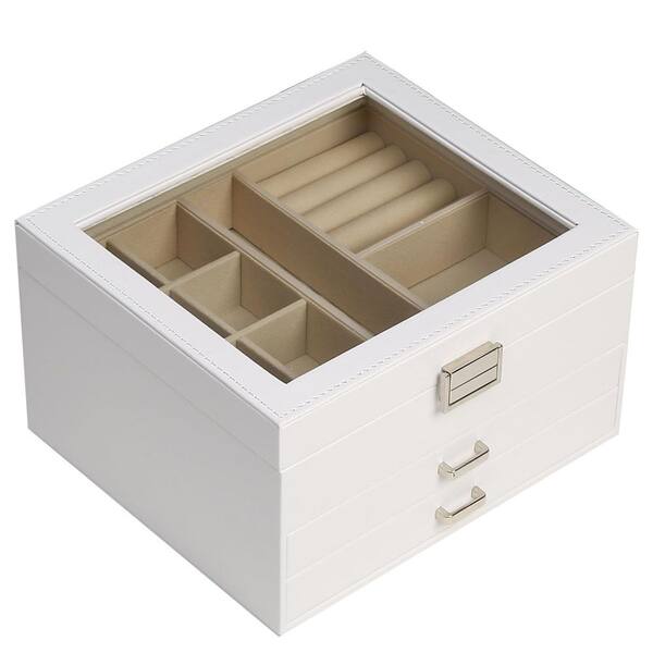 White 3-Layers Rectangular Clear Lid Jewelry Box with 2-Drawers Jewelry ...