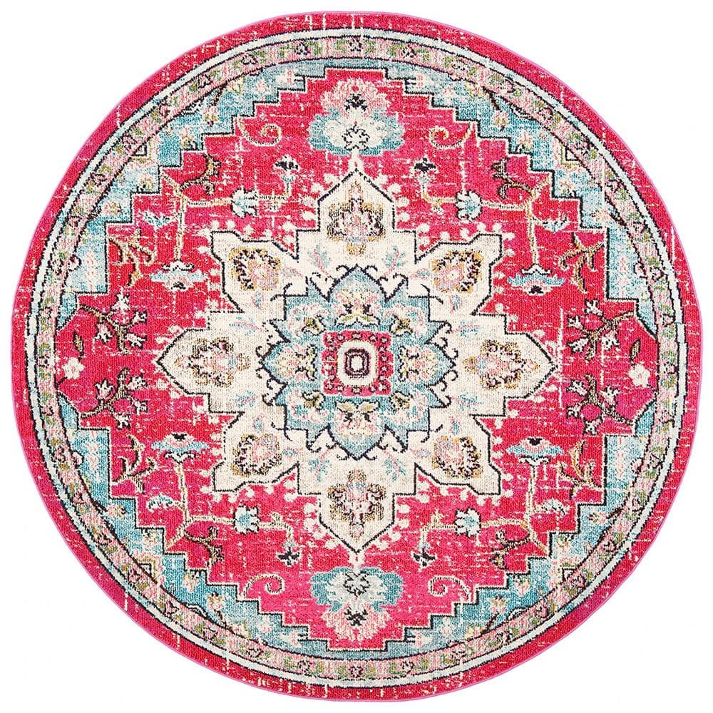 Pink Polypropylene 5 ft. x 5 ft. Medallion Indoor Round Area Rug A46A1 ...