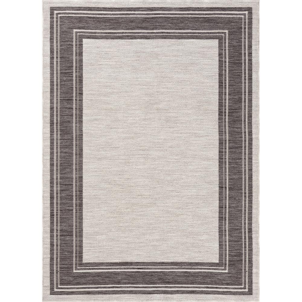 Wyatt Ivory/Gray 5 ft. x 7 ft. Bordered High-Low Yarn Indoor/Outdoor ...