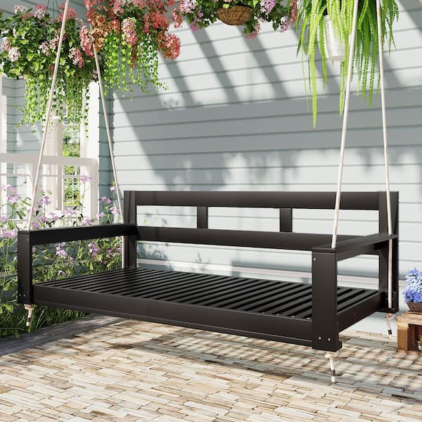 Zeus & Ruta 2-Person Black Patio Wood Twin Size Porch Swing with 4 ...