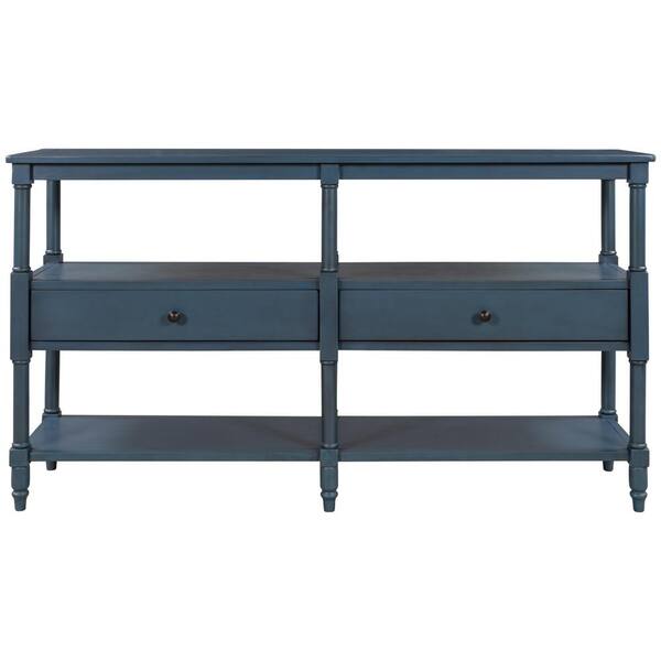 ANBAZAR Navy Blue 57 in. Rustic Console Table with 3-Tier Open Shelves ...