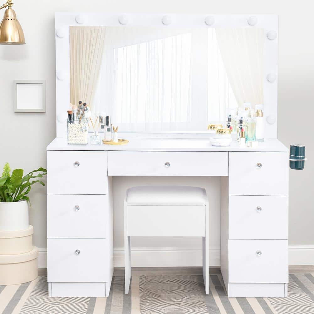 HOMESTOCK 7-Drawers White Makeup Vanity Sets Dressing Table Sets with Stool, Mirror, Light and ...
