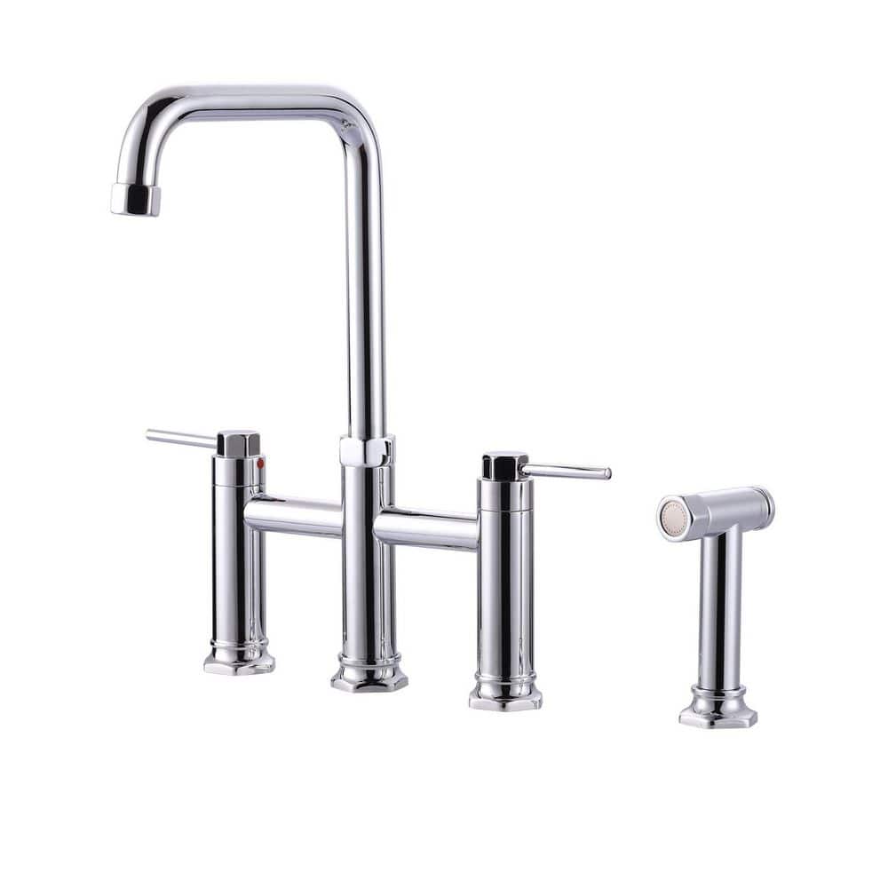 VEVETTA 2-Handle High-Arc 4-Hole Deck-Mount Kitchen Faucet with Side ...