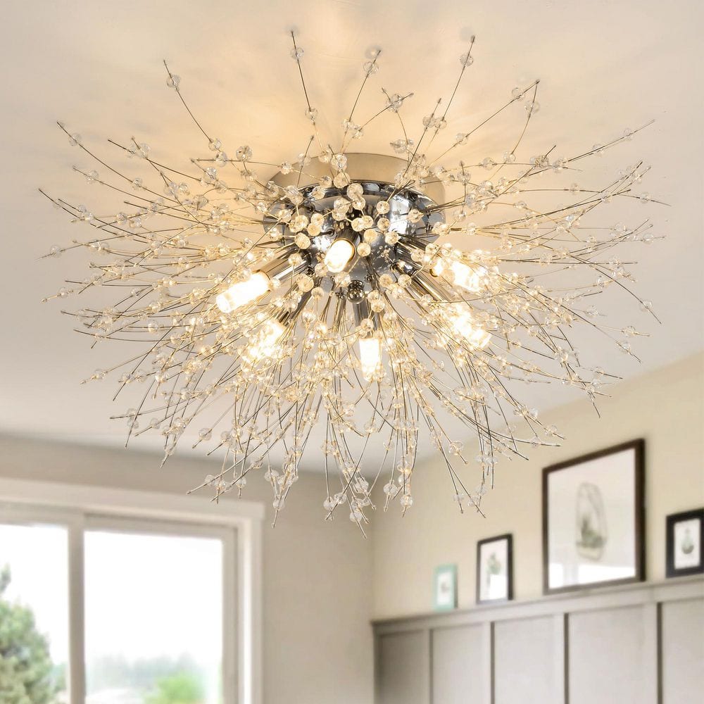 GMGSROM 20 in. 6-Light Chrome Modern Firework Crystal Chandelier Flush ...