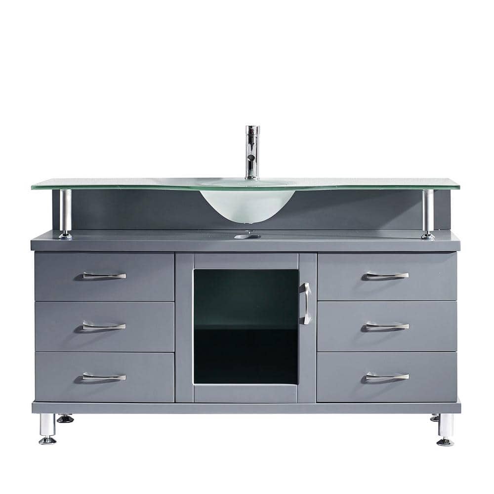 Virtu USA Vincente 56 in. W Bath Vanity in Gray with Glass Vanity Top ...