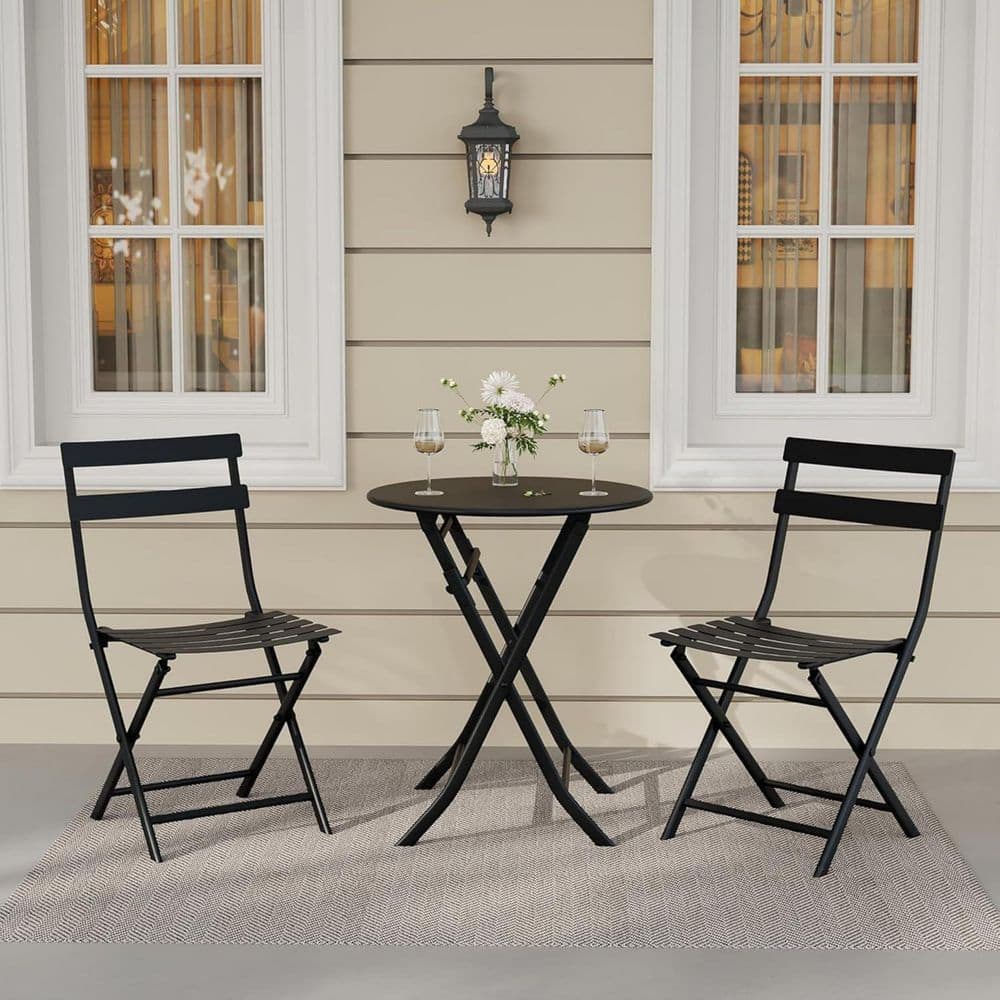 3 Piece Black Round Tube Steel Metal Bistro Set with Foldable Table and ...