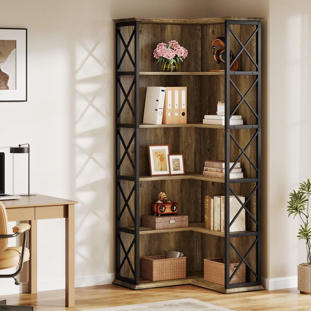 BYBLIGHT Eulas 71 in. Tall Rustic Brown Wood 5-Tier Corner Bookshelf ...
