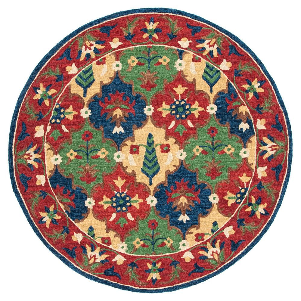 SAFAVIEH Heritage 6 ft. x 6 ft. Red/Green Border Floral Round Area Rug ...
