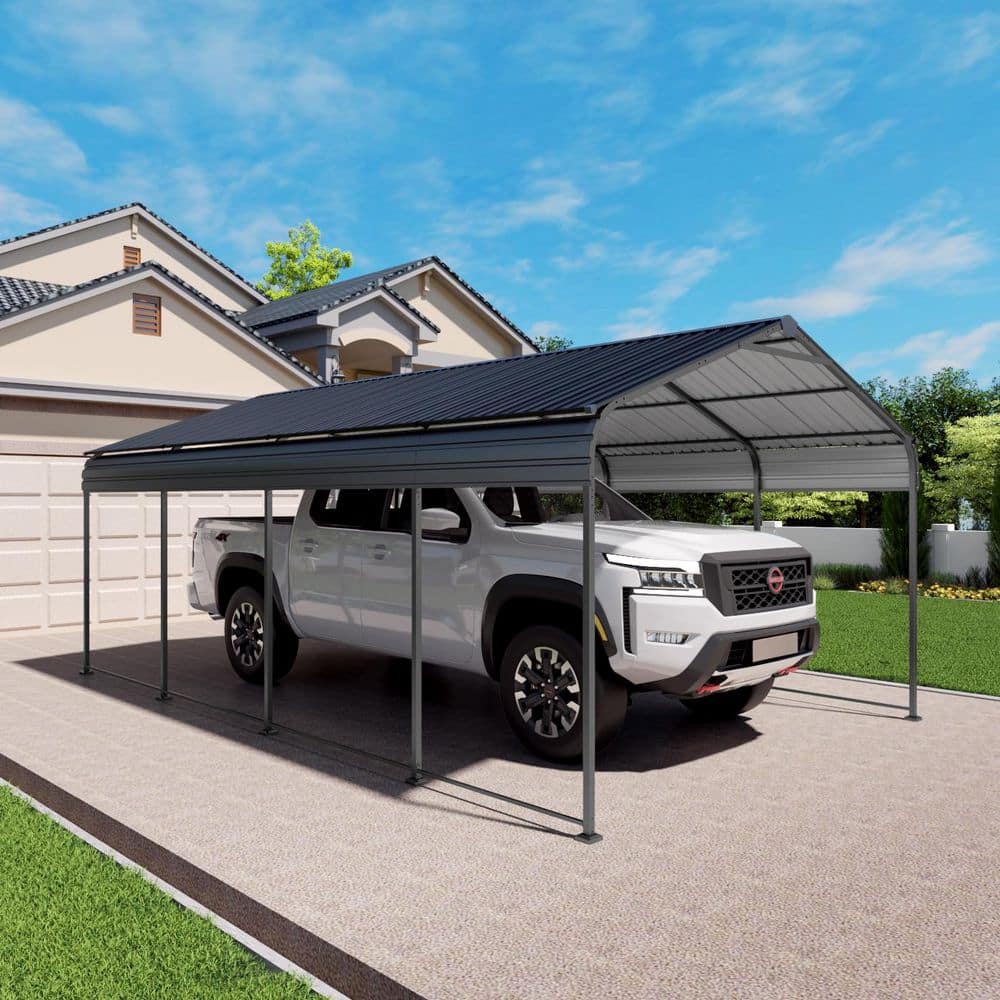 12 ft. W x 20 ft. D Heavy Duty Metal Carport Garage with Galvanized Steel Roof and Enhanced Base ...