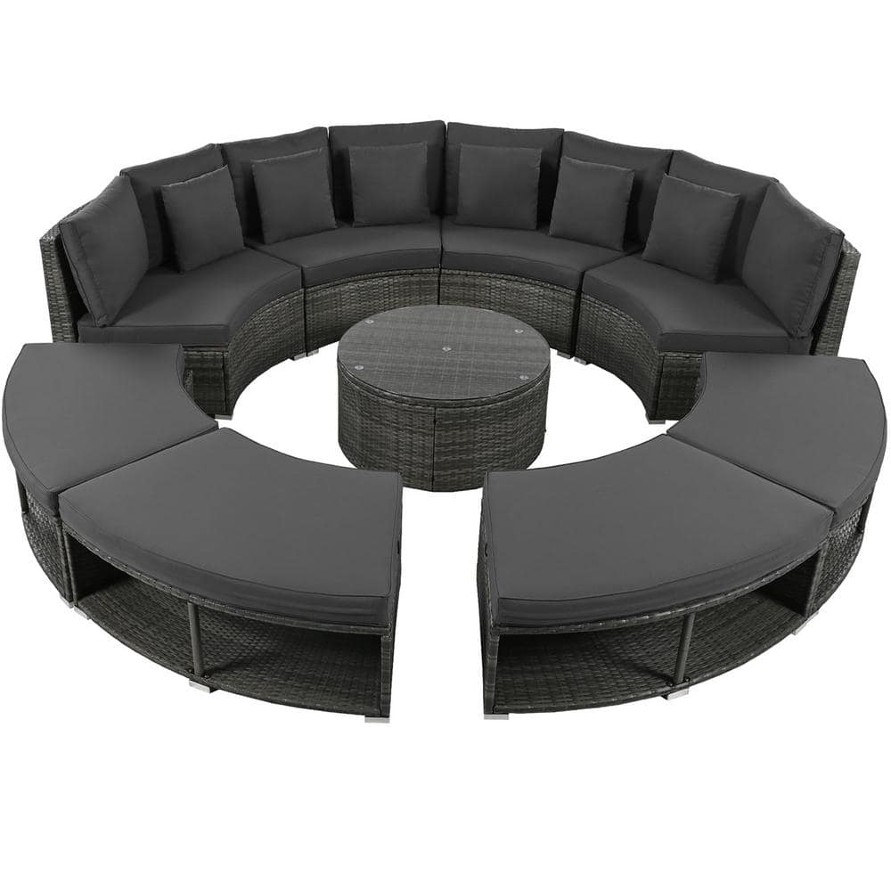 ITOPFOX 9-Piece Gray Metal Rattan Circular Outdoor Sectional Set Sofa ...
