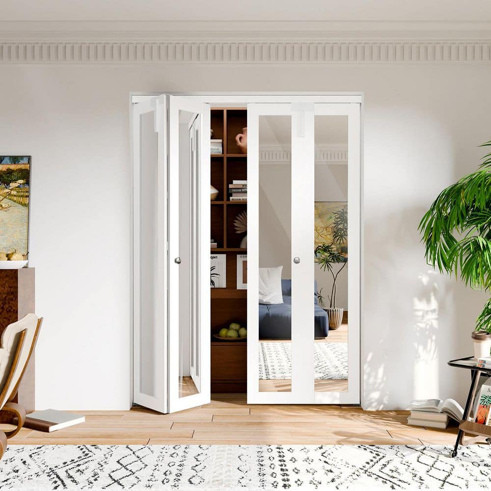 TENONER 60 in. x 80 in. Full-Lite Mirrored Glass Solid Core White PVC ...