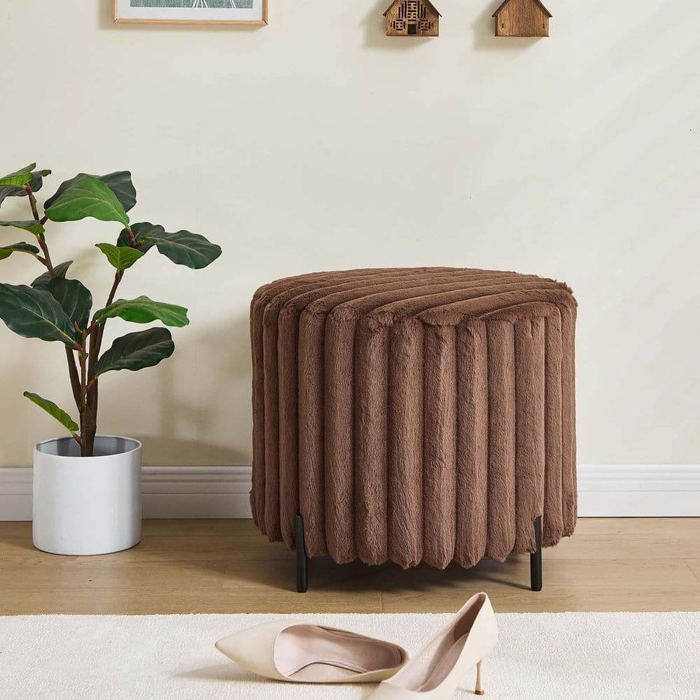 SereneVita Brown Polyester Upholstered Round Pouf Ottoman, Floor Pouf ...
