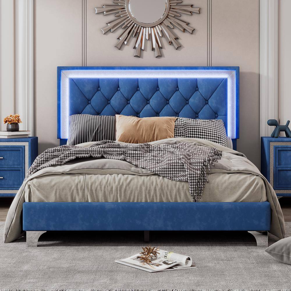 Harper & Bright Designs Blue Wood Frame Full Size Velvet Platform Bed ...