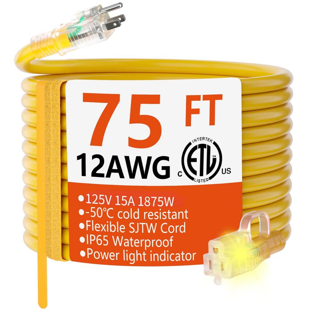 75 ft. 1875W Gauge Outdoor Extension Cord Waterproof Lighted End Tri ...
