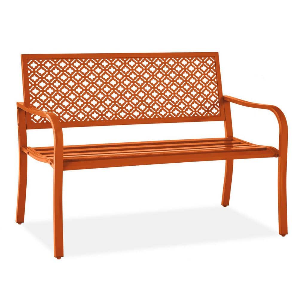 50 in. 2-Person Carrot Metal Outdoor Bench with Geometric Backrest and ...