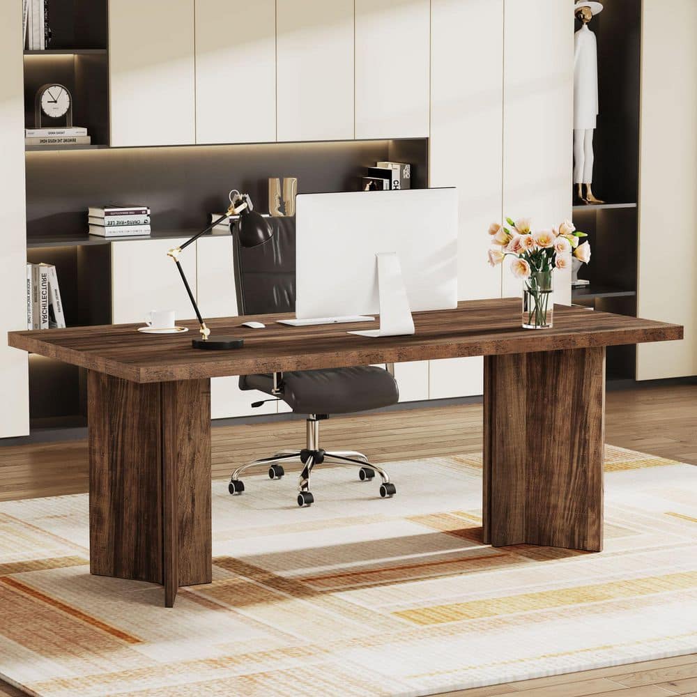 BYBLIGHT 63 in. Rectangular Oak Brown Engineered Wood Executive Desk ...