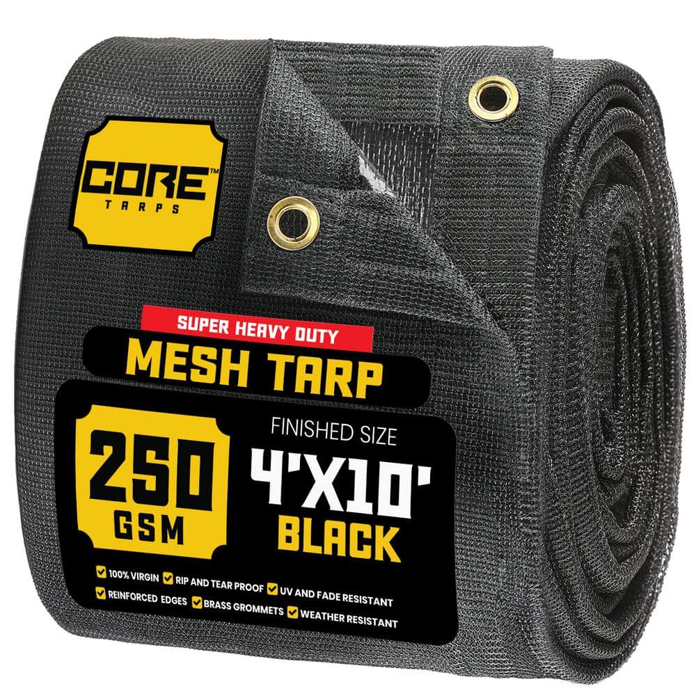 CORE TARPS 4 ft. X 10 ft. Black 250 GSM 7.5 oz. Heavy Duty Mesh Tarp ...