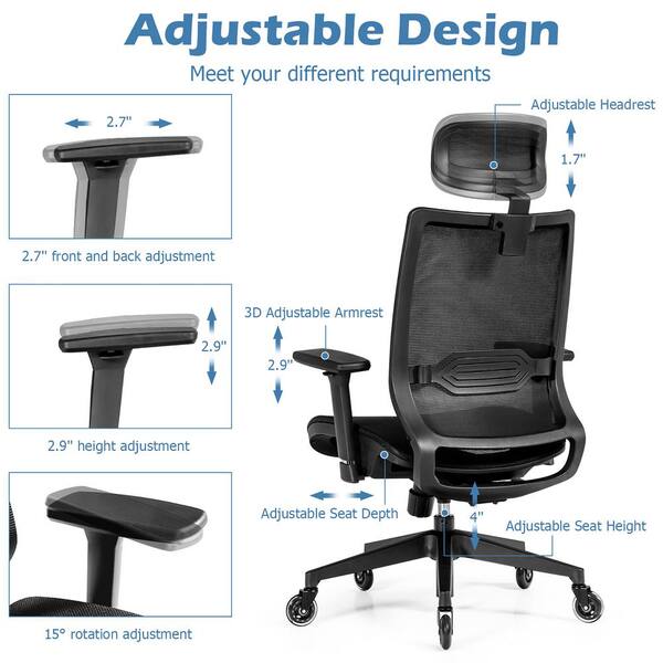 Costway Black Office Chair Adjustable Mesh Computer Chair with Sliding Seat and Lumbar Support P12I 10N 10N8DK The Home Depot