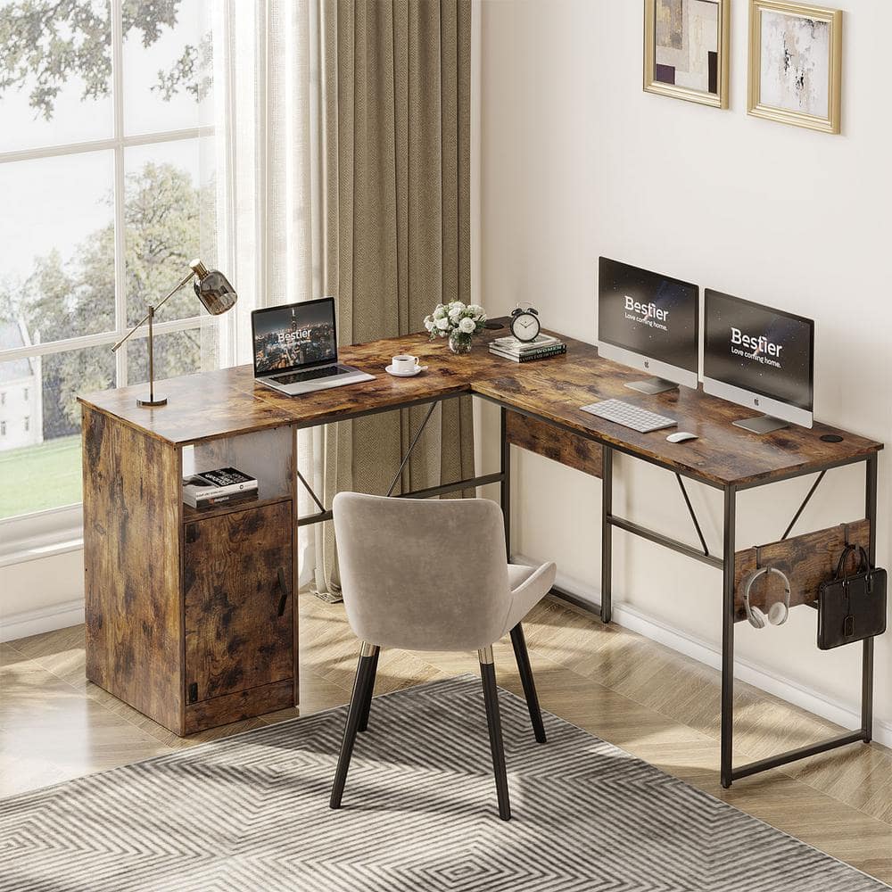 Bestier 60 in. L shaped Rustic Brown Wood Desk with Cabinet and Hooks ...