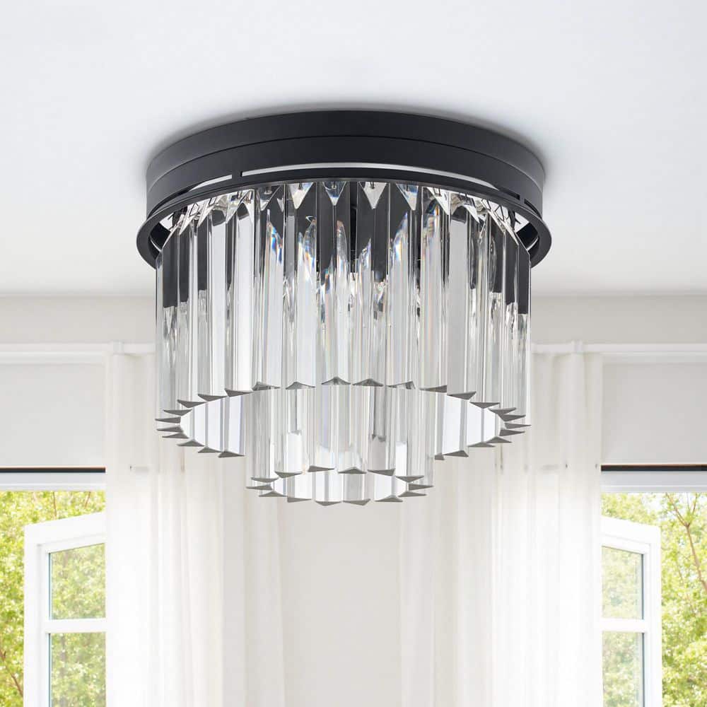 Marwick & Co. 5-Light Matte Black Tiered Crystal Chandelier Flush Mount ...