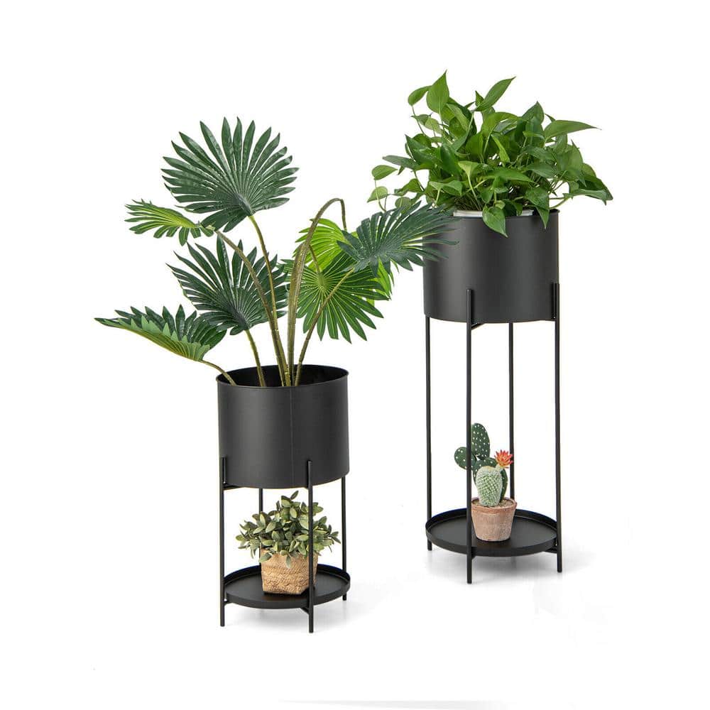 ANGELES HOME 2-Piece Black Metal Small Planter Pot Stands with Drainage ...