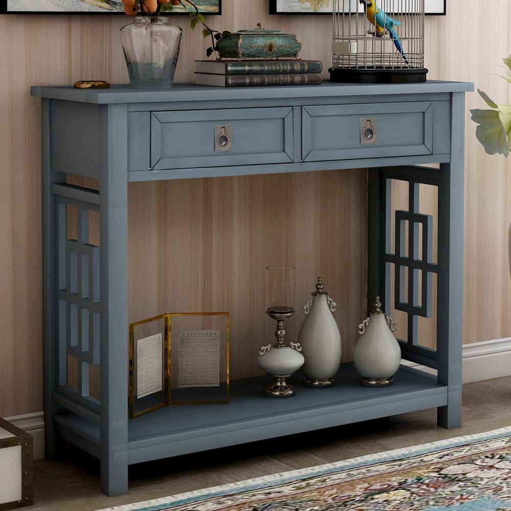 Harper & Bright Designs 36 in. Navy Rectangle Wood Console Table with 2 ...