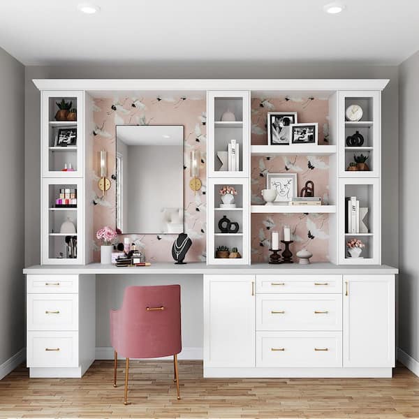 White Built In Cabinets Using Stock Upper Cabinets For Built Ins
