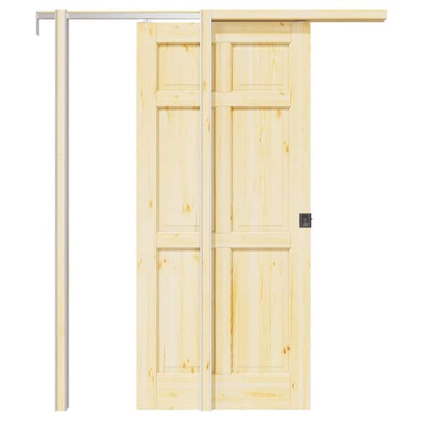 ARK DESIGN 36 in. x 80 in. Paneled 6-Lite Unfinished Pine Wood Sliding ...