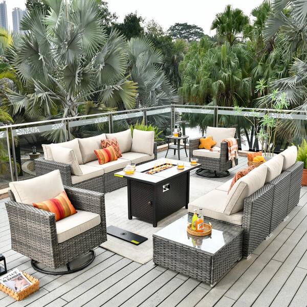 HOOOWOOO Messi Gray 11-Piece Wicker Outdoor Patio Conversation ...