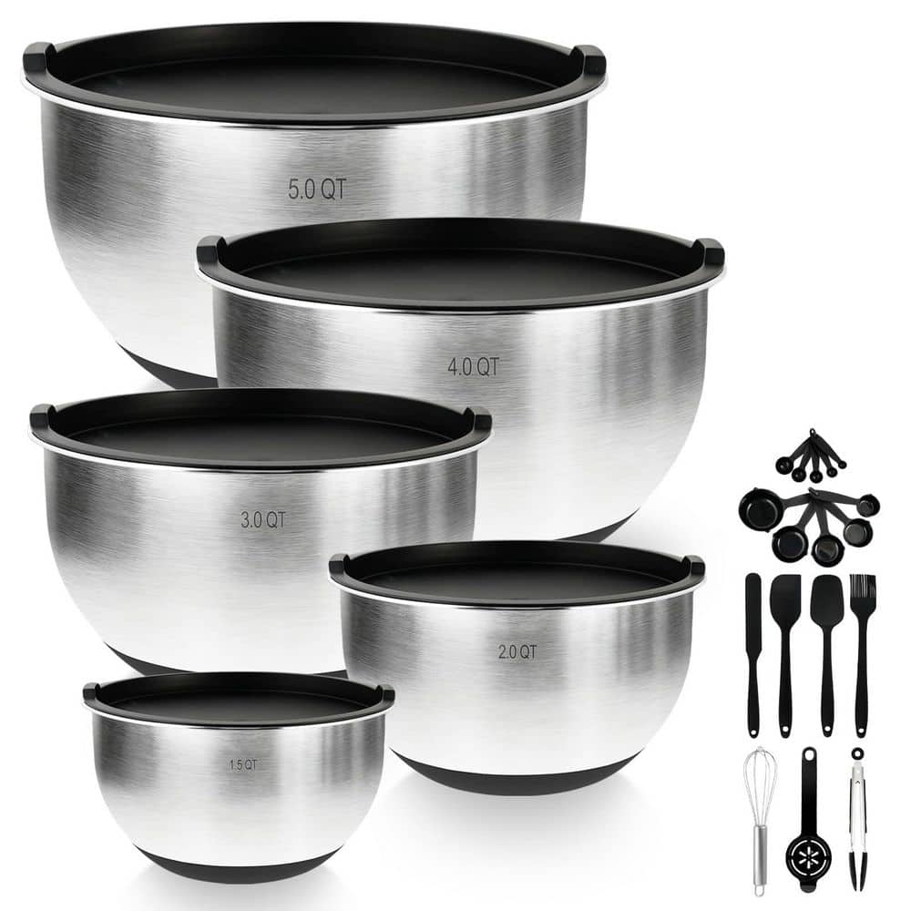 Wudkey 22-Pieces Black Stainless Steel Premium Mixing Bowl Set, Large ...