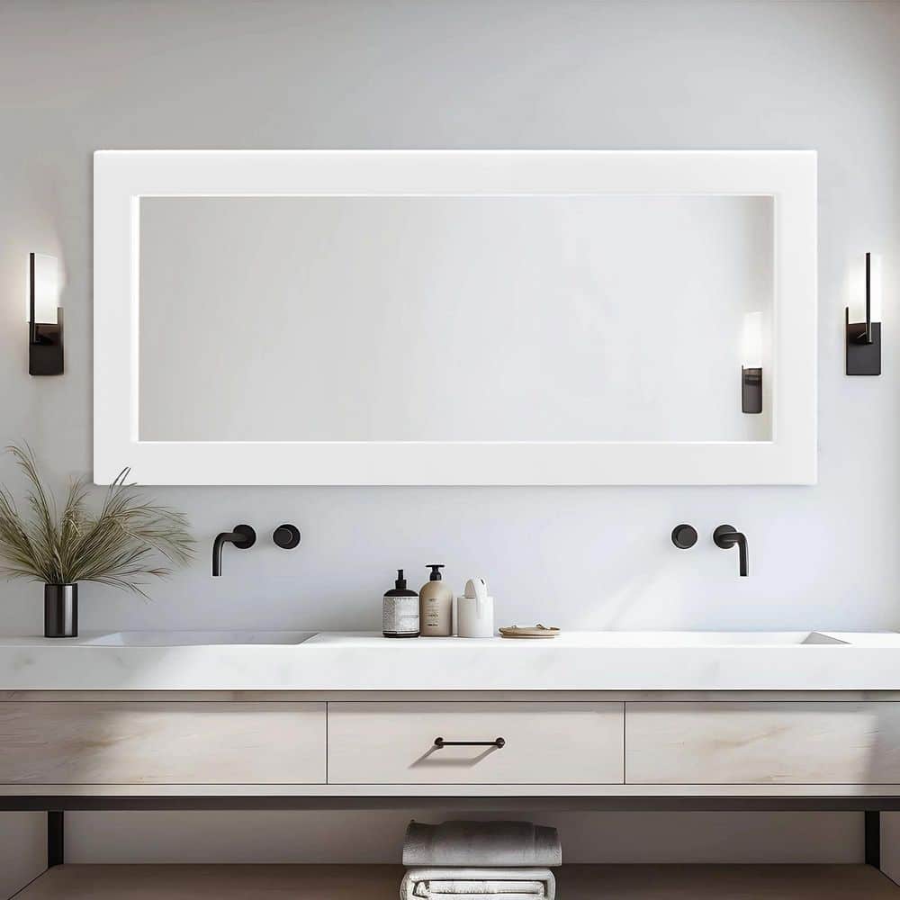 Sxiawe 30 in. W x 65 in. H Simple Rectangular White Wood Frame Bathroom ...