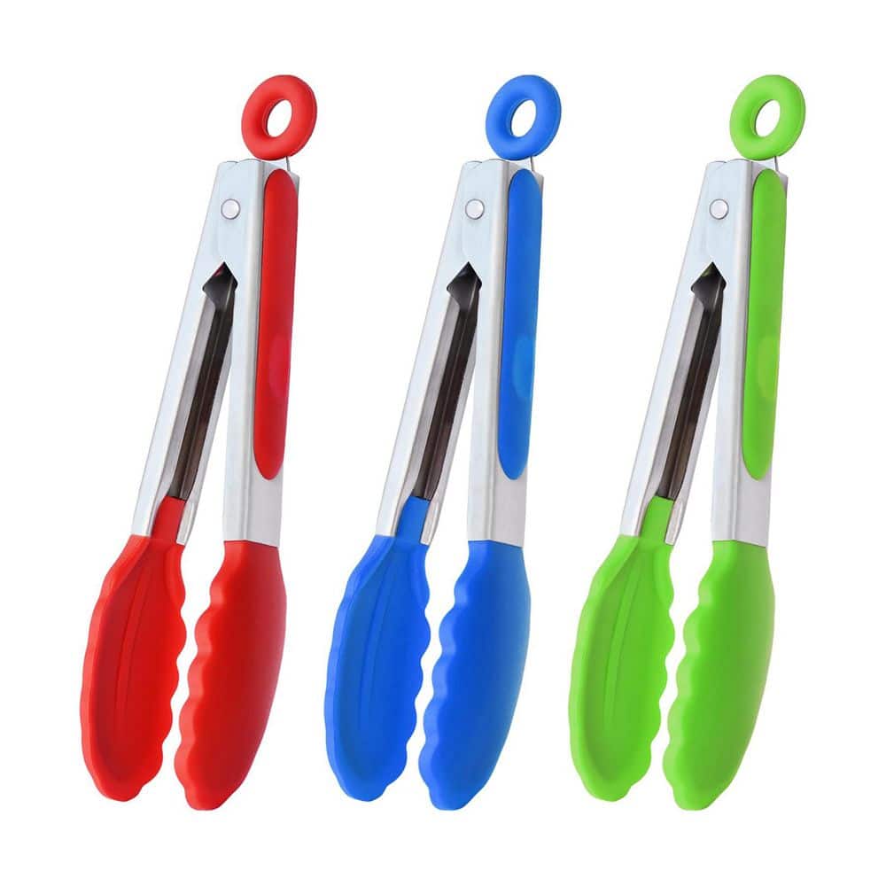 Anqtovp Red Blue Green Mini Tongs with Silicone Tips 7 Inch Non Stick ...