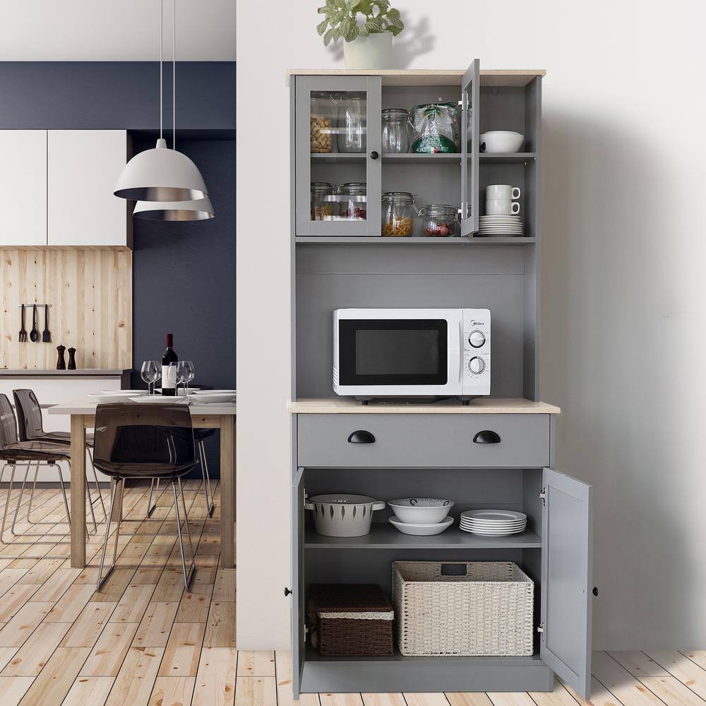 VEIKOUS Grey Wood 31.5 in. W Kitchen Pantry Cabinet Storage with Buffet ...