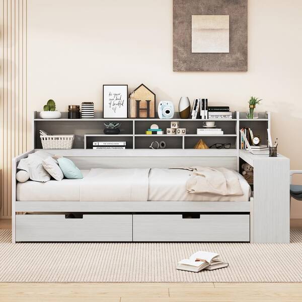 Harper Bright Designs Antique White Multi Functional Full Size Wood Daybed with Storage Shelves 2 Drawers and Study Desk LHC090AAK The Home Depot