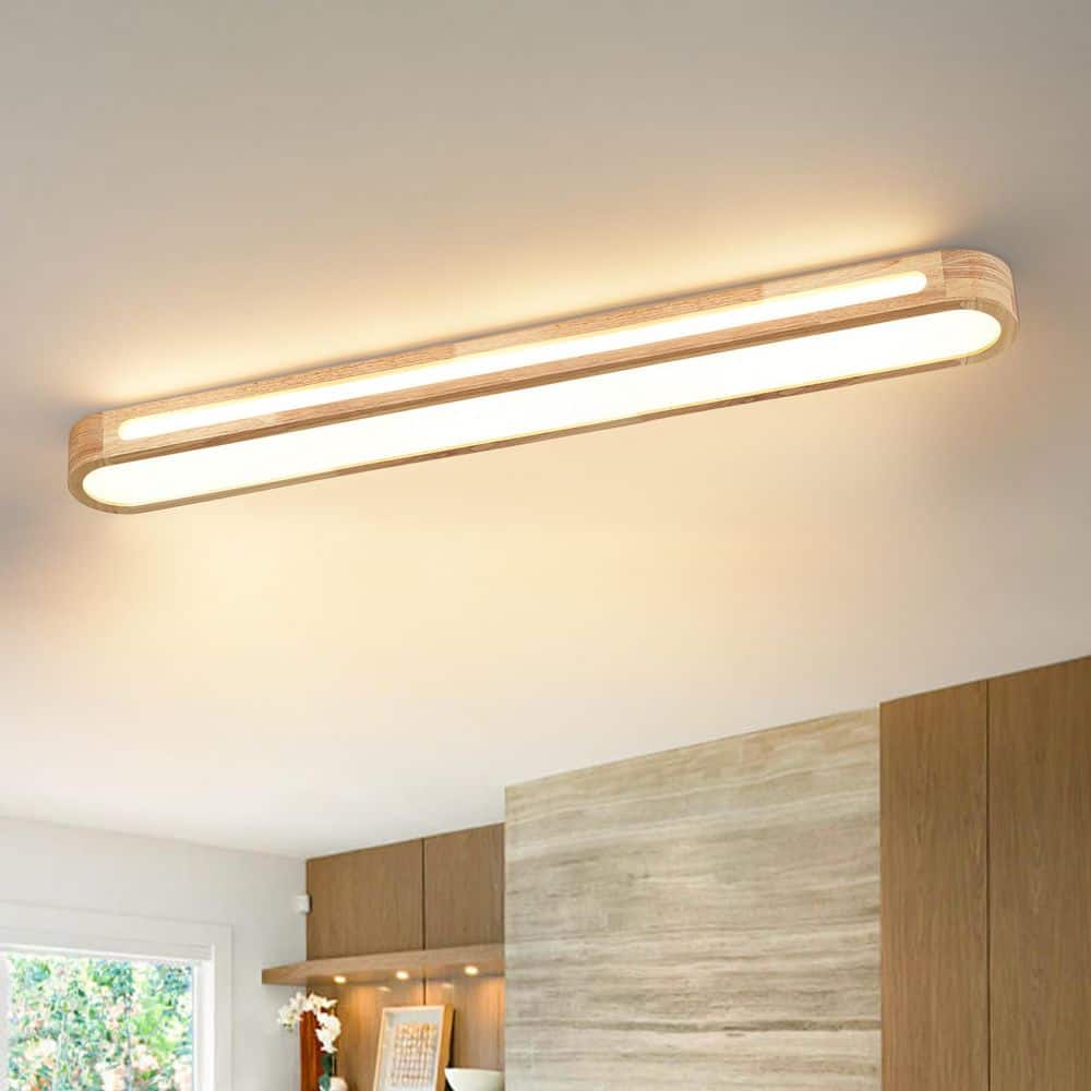 HUOKU Lumin 47.2 in.W Wood Integrated LED Flush Mount Long Rectangular ...