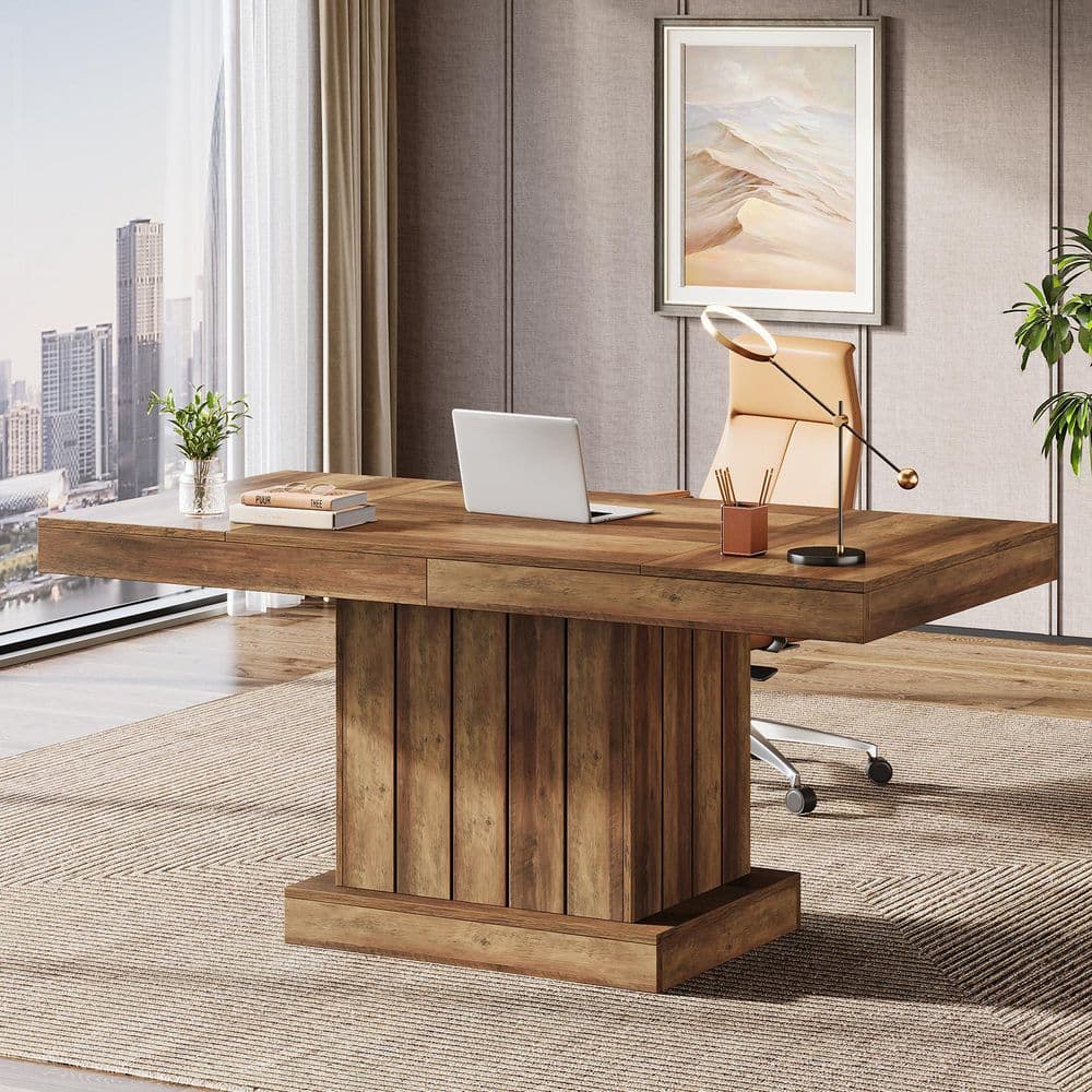 BYBLIGHT 63 in. Rectangular Brown Wood Executive Desk with Heavy Duty ...