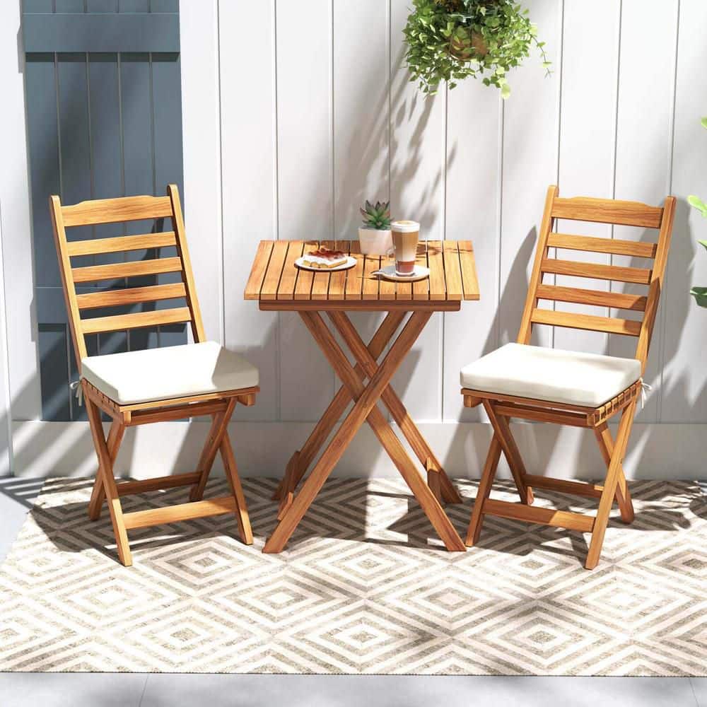 Costway Natural 3-Piece 28.5 in. Wood Square Table Folding Outdoor ...