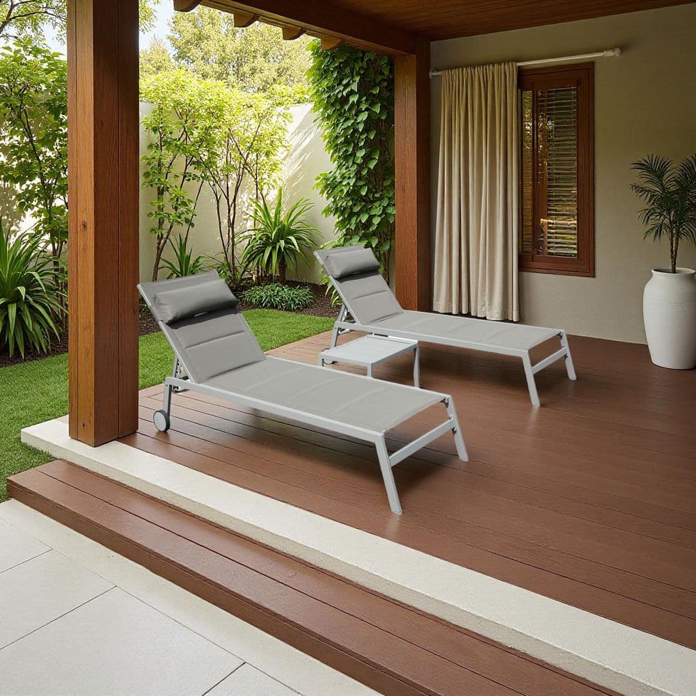 Gray 3-Piece Aluminum Adjustable Outdoor Lounge Chair with Side Table ...