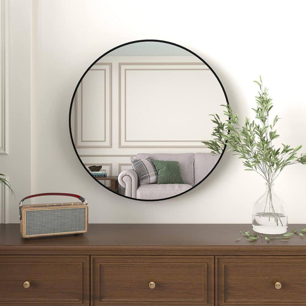 Black 36 in W x 36 in. H Classic Round Aluminium and MDF Framed Mirror ...