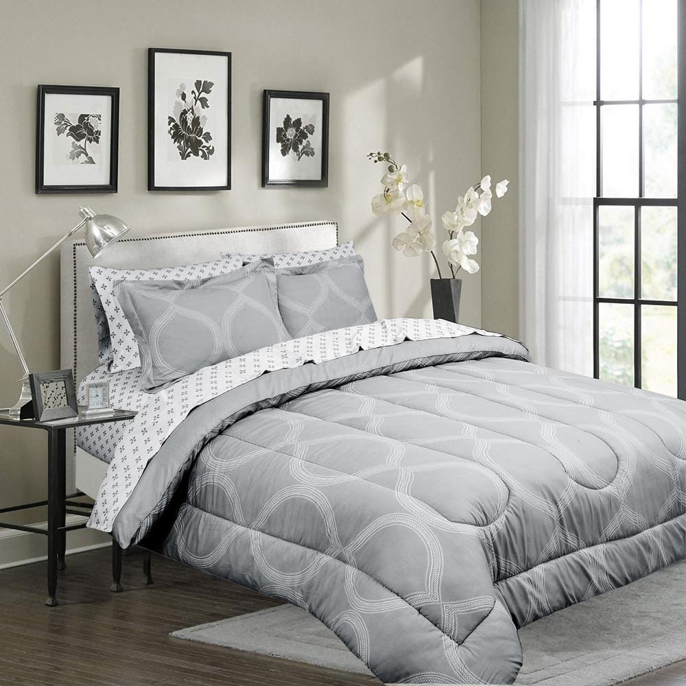 ROYALE LINENS Ogee 7-Piece Grey Queen Microfiber Bed in a Bag with ...