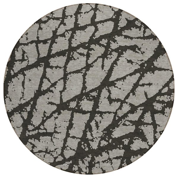 HomeRoots Gray and Black 8 ft. Round Abstract Indoor / Outdoor Area Rug ...