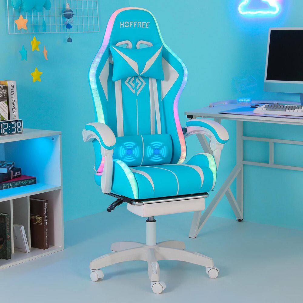 Hoffree Faux Leather Massage Reclining Ergonomic Gaming Chair in Blue ...