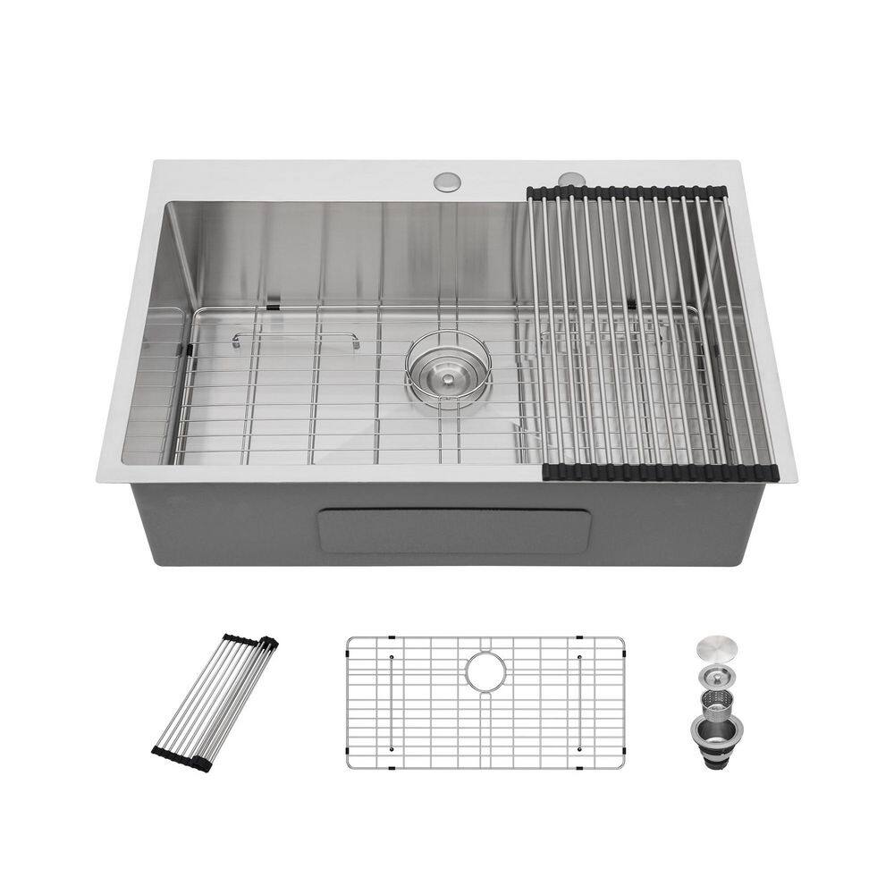 Dcolora 33 in. Drop-In Single Bowl 16-Gauge Stainless Steel Kitchen ...