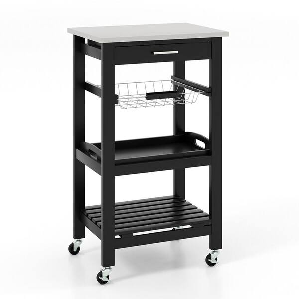 4-Tier Black Rolling Natural Wood Kitchen Cart on Wheels with Stainless ...