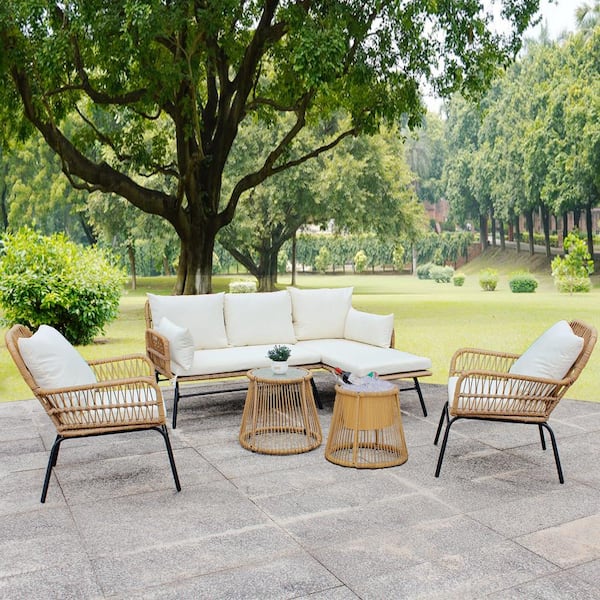 FINCATI 6 Piece Boho Outdoor Furniture Beige Wicker Small Size Patio Conversation Sofa Set with Round Ice Bucket and Table HD W400S00031