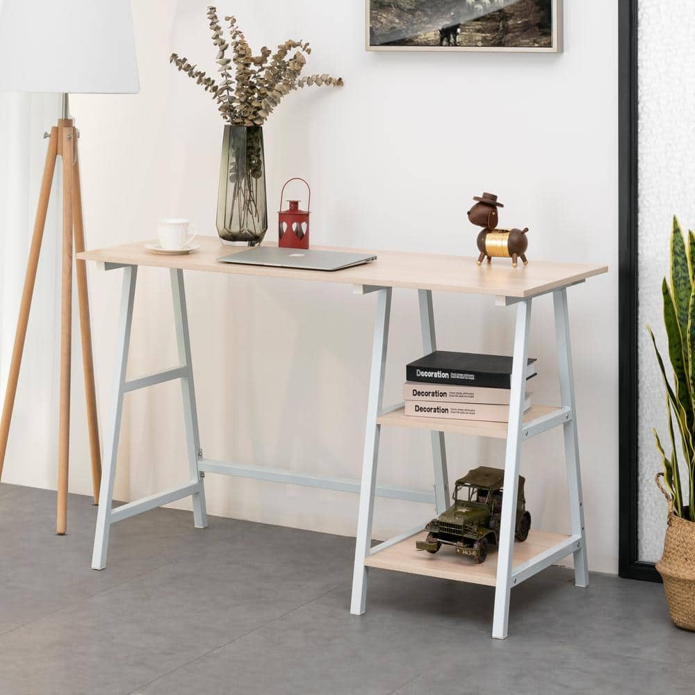 FESTIVO 48 in. Rectangular Beige Writing Desk with Open Storage ...