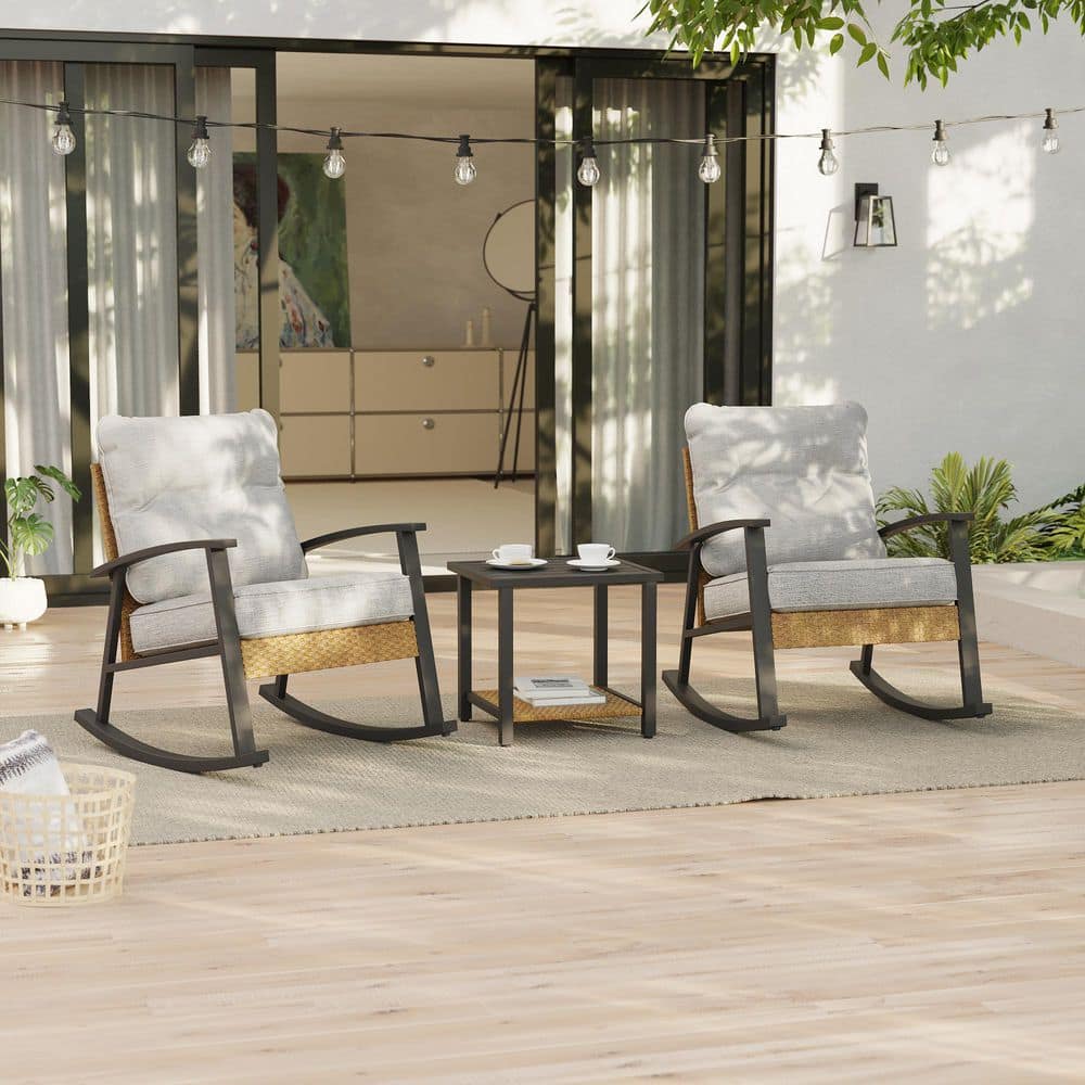 Sonkuki 3-Piece Metal Frame Patio Bistro Set, Rocking Chair Modern ...